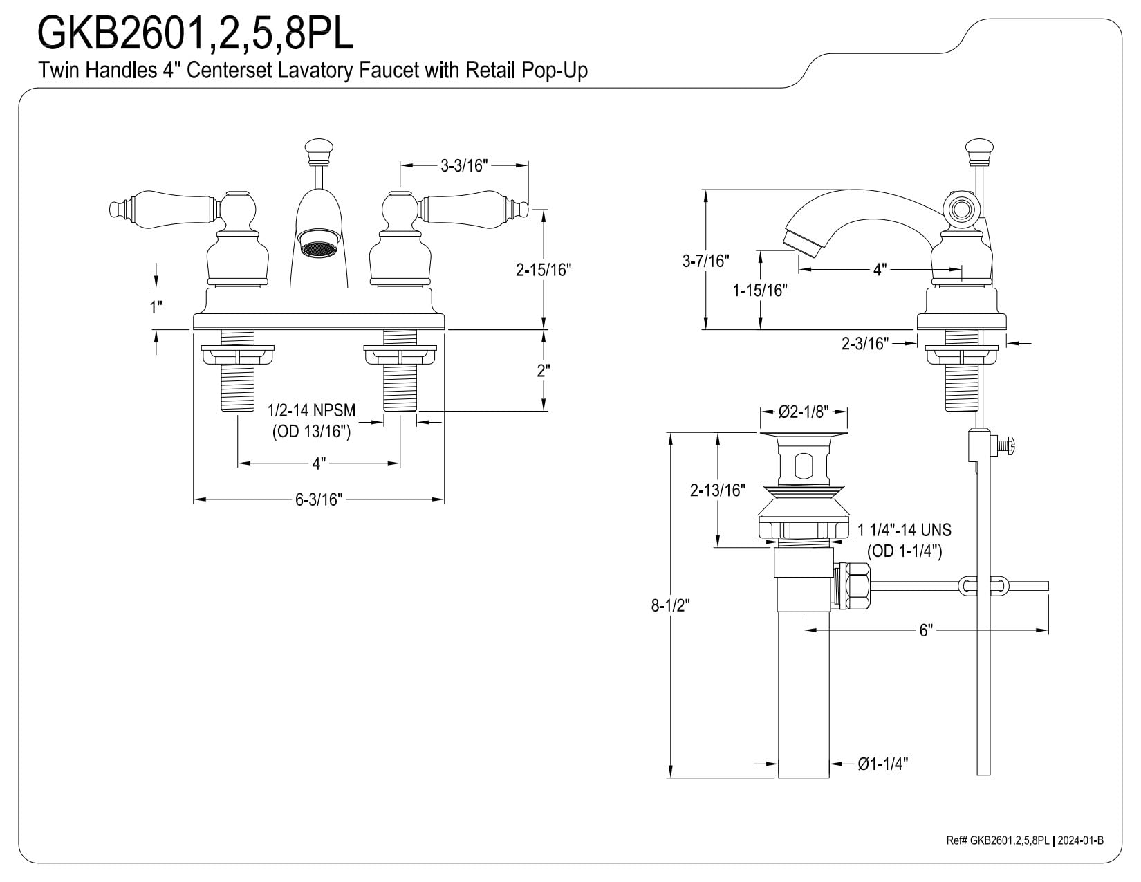 Kingston Brass GKB2601PL Vintage 4-inch Centerset Lavatory Faucet with Retail Pop-up, Chrome