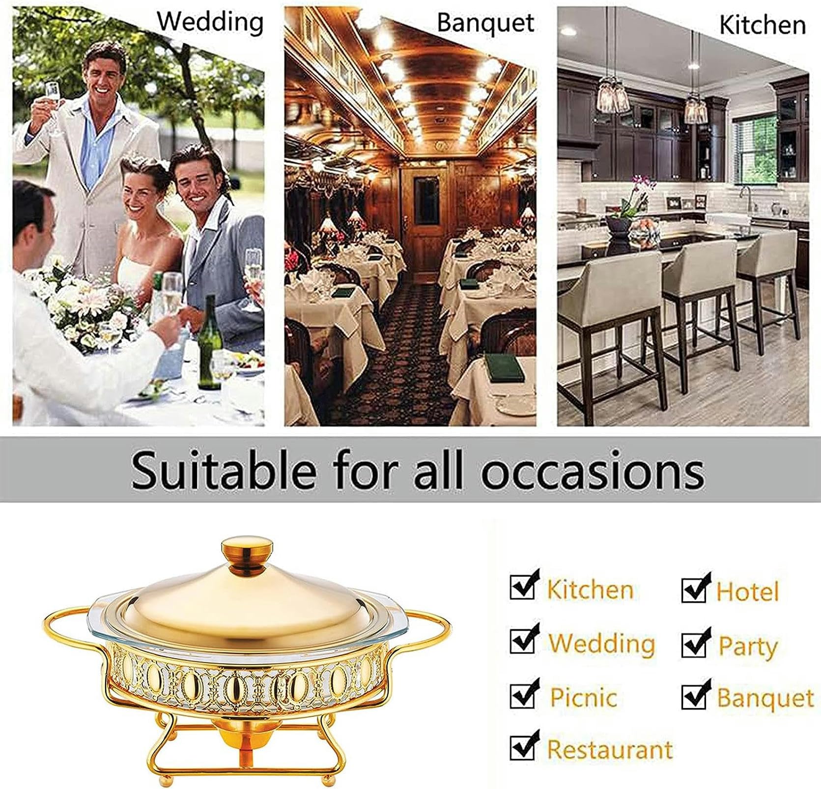 Chef Chafing Dish Buffet Set, Stainless Steel Chafer and Buffet Warmers Sets, Catering Buffet Mini Hot Pot Outdoor Picnic Household (Gold)