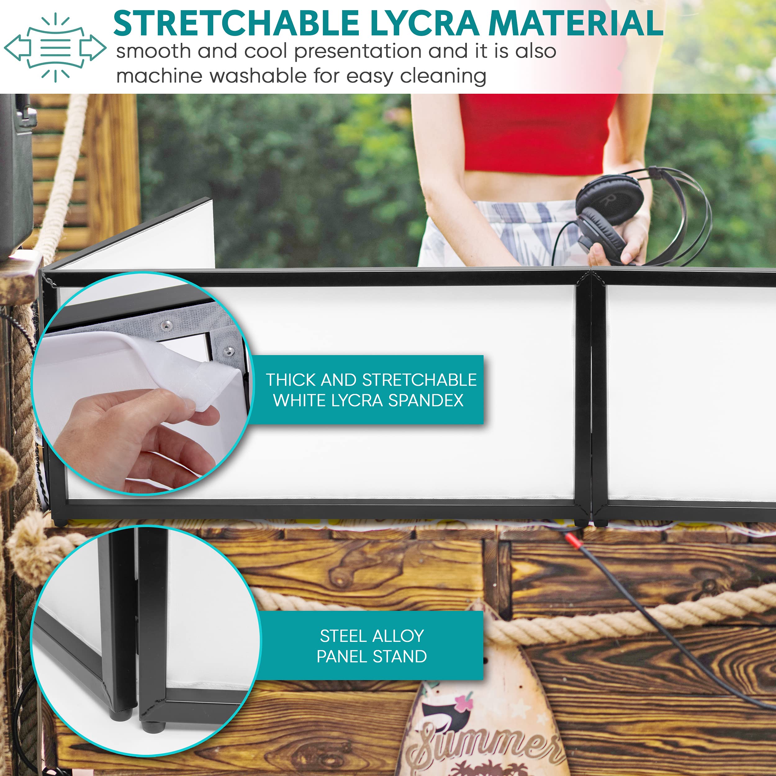 Pyle DJ Booth Foldable Cover Screen - Portable 5.6 ft Tabletop Event Facade Front Board Video Light Projector Display Scrim Panel -Folding Steel Frame Panel Stand, Stretchable Lycra Spandex PDJFAC02