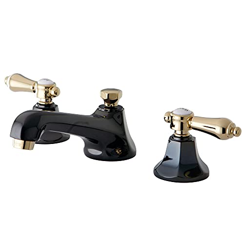 Kingston Brass NS4469BAL Water Onyx Widespread Lavatory Faucet with Brass Pop-up Drain, Black Stainless Steel with Polished Brass Trim