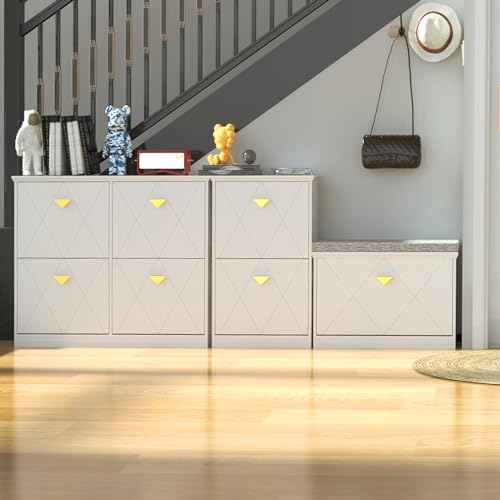 joibabe Shoe Cabinet with Flip Drawers, Shoe Bench with Removable Cushion, Free Standing Tipping Bucket Shoe Rack Organizer with Adjustable Shelf, Shoe Storage Cabinet