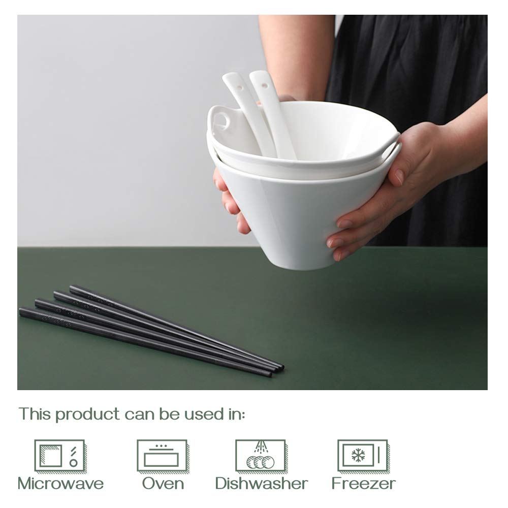 DOWAN Ramen Bowls Set of 2, Japanese Noodle Bowls with Chopsticks and Spoons, 20 Ounce Deep Pho Bowls, White Kitchen Bowls for Ramen, Soup, Dishwasher & Microwave