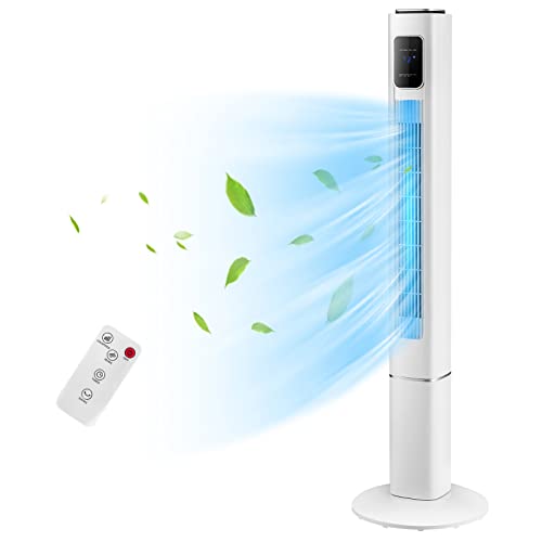 Tangkula 48" Tower Fan with Remote Control, Quiet Bladeless Household Fan w/ 3 Speeds, 3 Modes, 15H Timer & LED Display, 90° Oscillating Floor Standing Fan, Portable Circulating Fan for Home Office (White)