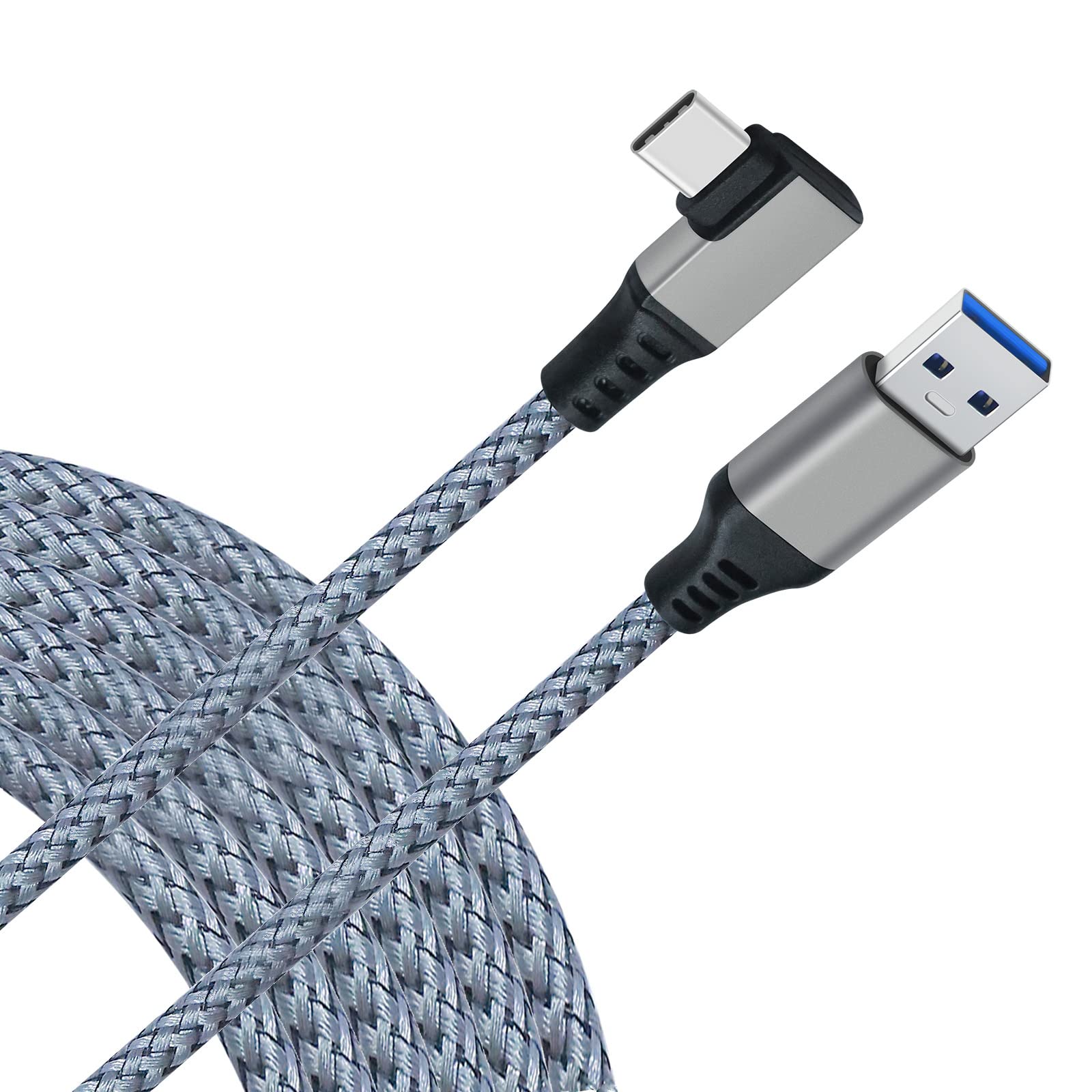 DTech 10ft Link Cable Compatible with Oculus Quest 2 1 USB A to USB C 3.0 Cord Nylon Braided 90 Degree 20V 3A Fast Charging Data Transfer High Speed 5Gbps for PC VR Headset Game (Grey)