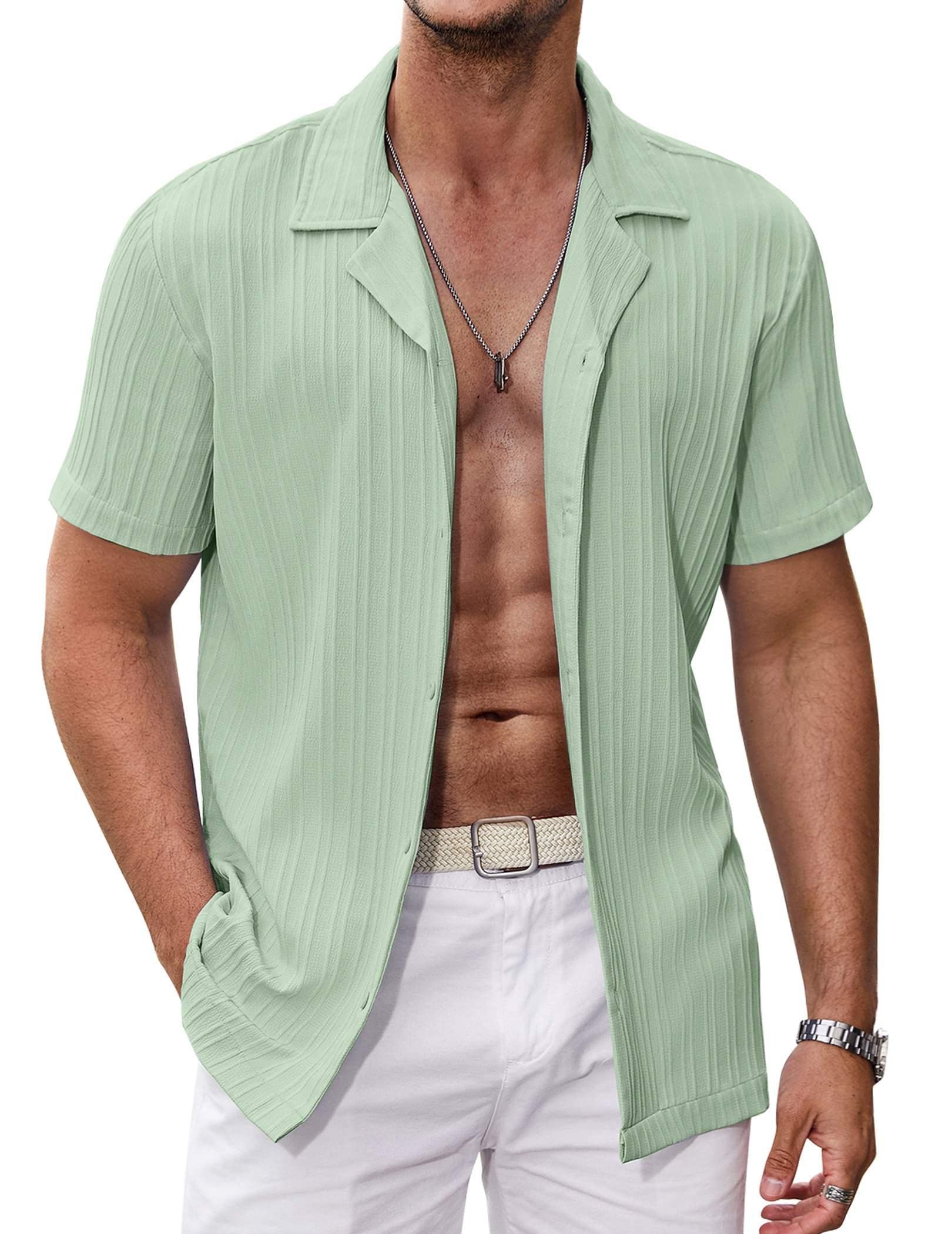 COOFANDY Button Down Shirt Men Button Down Short Sleeve Shirt Button Up Shirts for Men Linen Shirts for Men Summer Beach Shirt Light Green - M