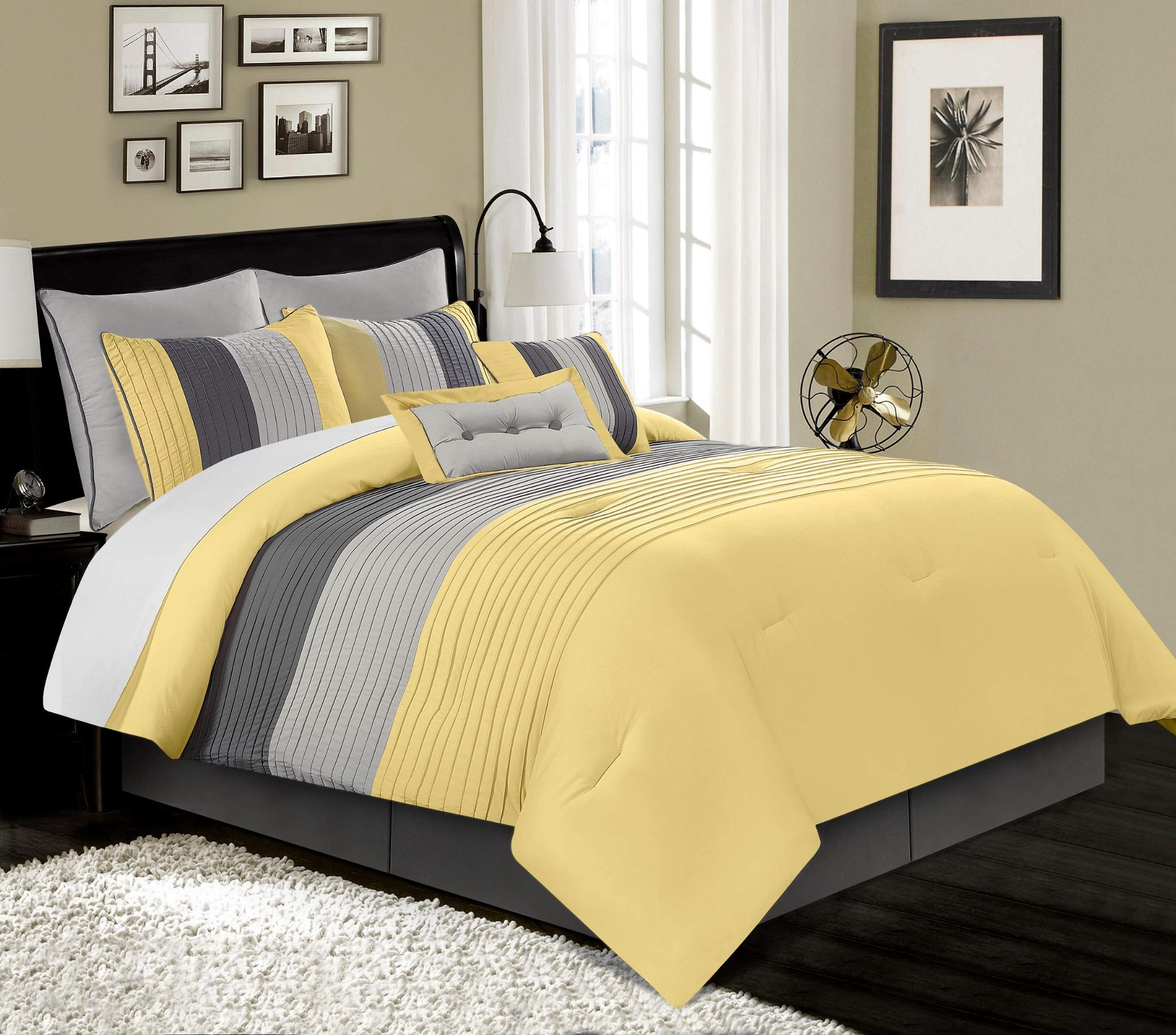Chezmoi Collection 8-Piece Luxury Striped Comforter Set (Queen, Yellow/Gray/Paloma)