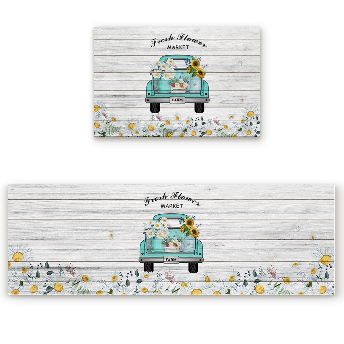 Daisy Sunflowers Absorbent Kitchen Rugs and Mats Blue Truck Sunflower Daisy Vintage Wood Grain Kitchen Floor Mats for in Front of Sink,Kitchen Area Rugs Non Skid Washable 15.7x23.6inch+15.7x47.2inch