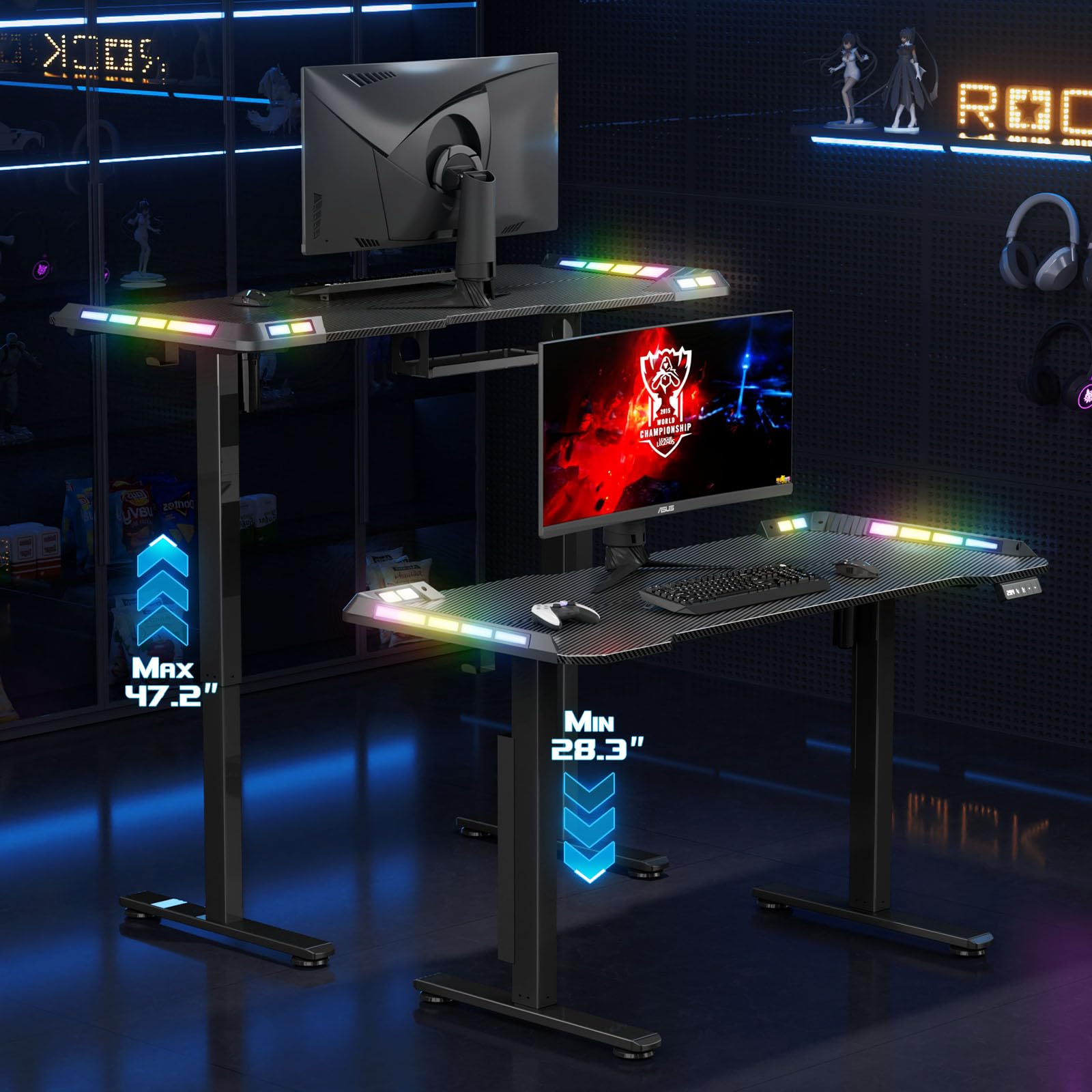 Gaming Desk with LED Lights & APP Control, 48" x 24" Gaming Table with Music Sensing, Underdesk Cable Storage Electric Standing Desk, Black Carbon Fiber PC Desk for Gaming and Home Office