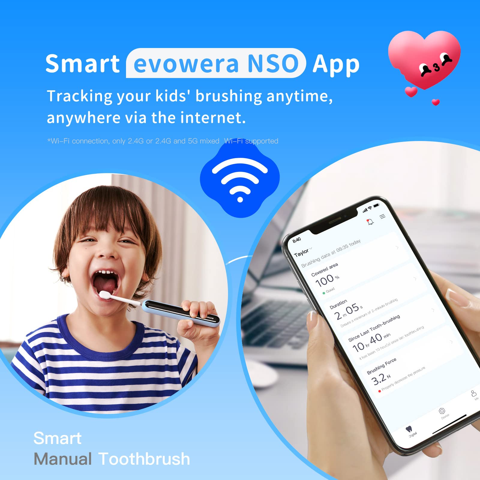 evowera Smart Manual Toothbrush for Kids, Uncleaned Area & Pressure Reminder, Coaching App, Color Display, WiFi Compatible, Soft Bristle, Timer, Message Function, BPA Free, Age 6-9, Blue Toothbrushes