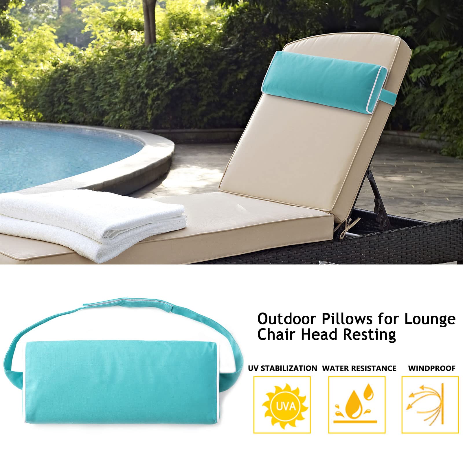Enipate Outdoor Chaise Lounge Head Pillow, Pack of 2 Water Resistant Headrest Pillows with Elastic Band for Pool Patio Chairs