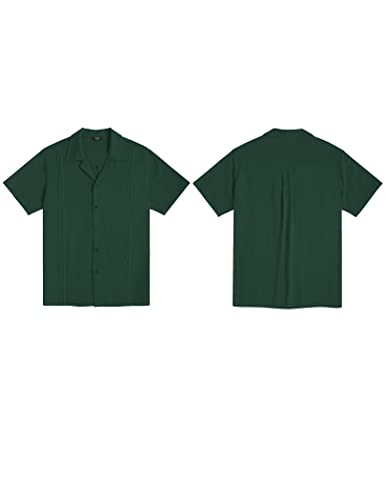 COOFANDY Men's Cuban Guayabera Shirt Linen Short Sleeve Button Down Summer Shirt A - Dark Green