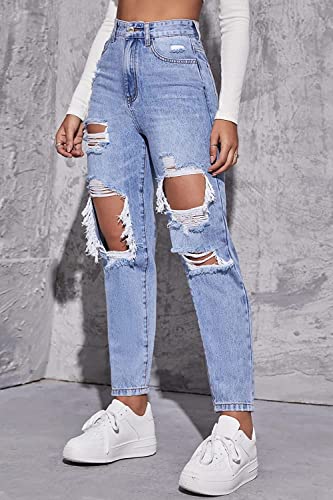 LINUMIN Women's High Waist Straight Leg Ripped Jeans Distressed Denim Pants (Blue, XL)