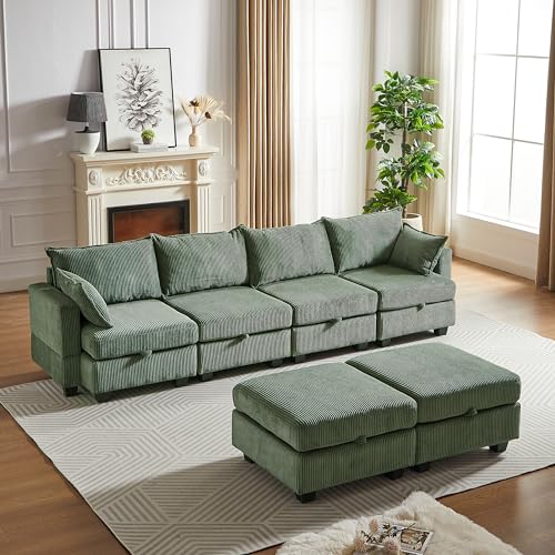 FANYE L/U-Shaped Oversized Free Combination Modular Storage Sectional Sofa Soft Corduroy Upholstered Deep Seat Sofa&Couch Convertible Sleeper Couch Bed W/2 Pillows for Living Room