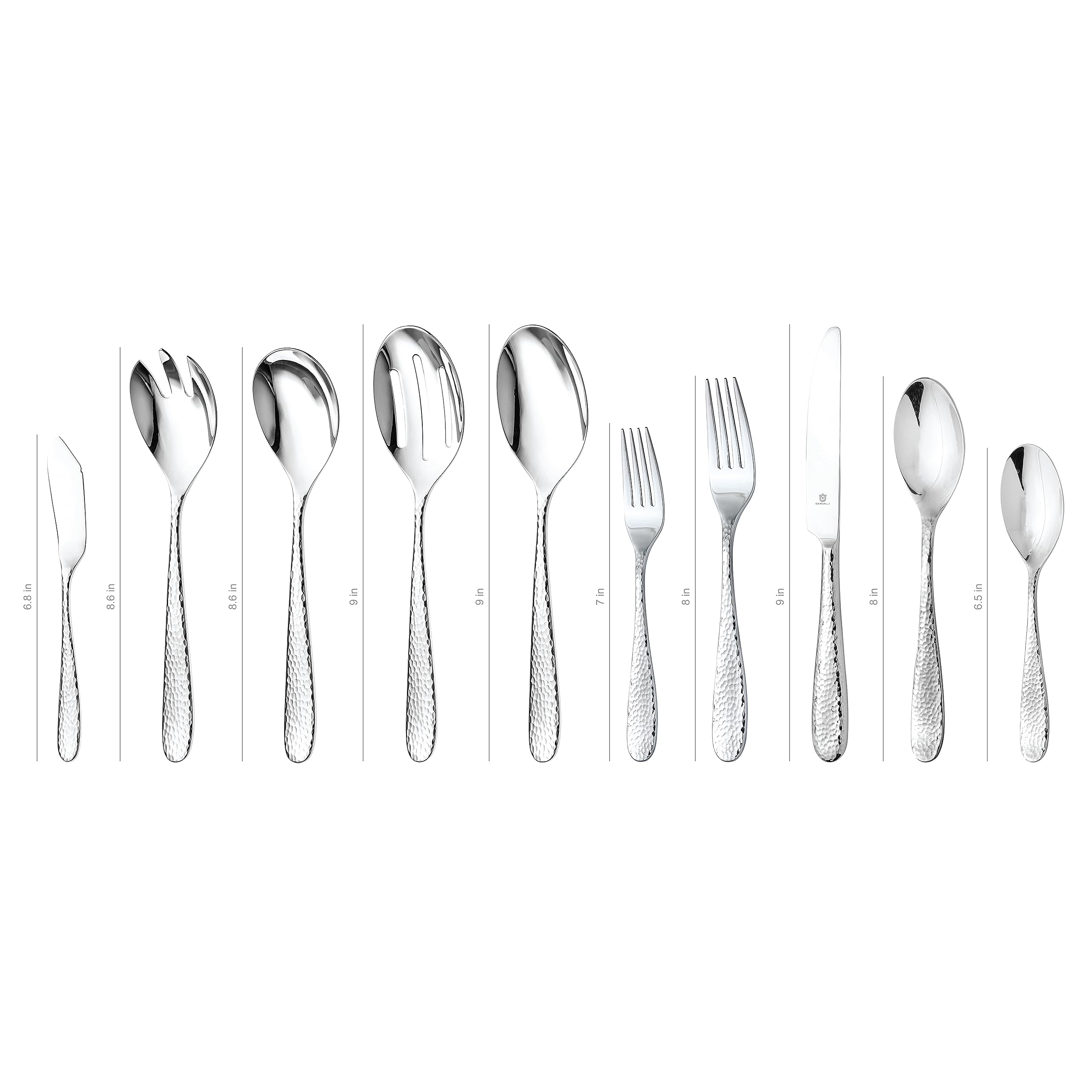 DANIALLI 45 Piece Silverware Set For 8, Includes 5-Piece Hostess Serving Utensil Set, 18 10 Stainless Steel Silverware Set, Modern Fidenza Hammered Flatware Set,Mirror-Polished Dishwasher Safe Cutlery