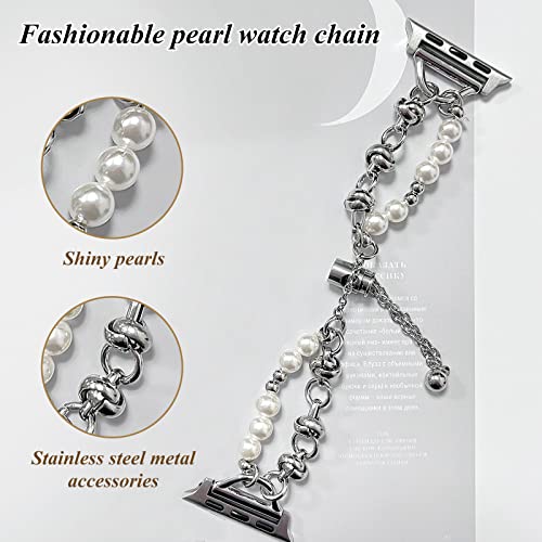 Maymosa Beaded Bracelet Compatible for Apple Watch Band Series Ultra Se 8 7 6 5 4 3 2 1 Pearl Stainless Steel Metal Handmade Beaded Strap 38mm 40mm 41mm, Adjustable Replacement Strap for Women