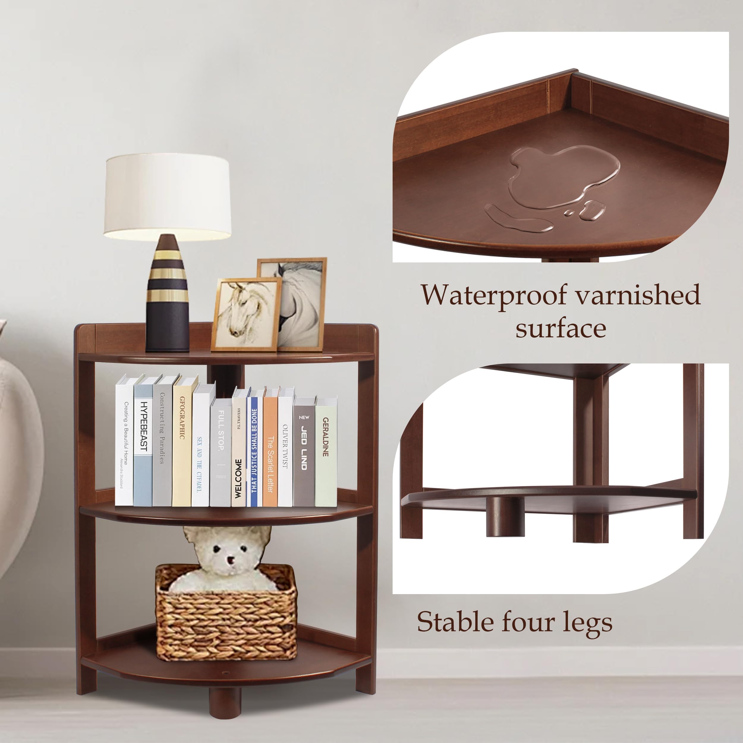 DOUSY 3 Tier Bamboo Corner Bookshelf, Mid Century Modern Corner Shelf, 24" Short Corner Bookcase with Storage Display Rack for Living Room, Bedroom, Home Office