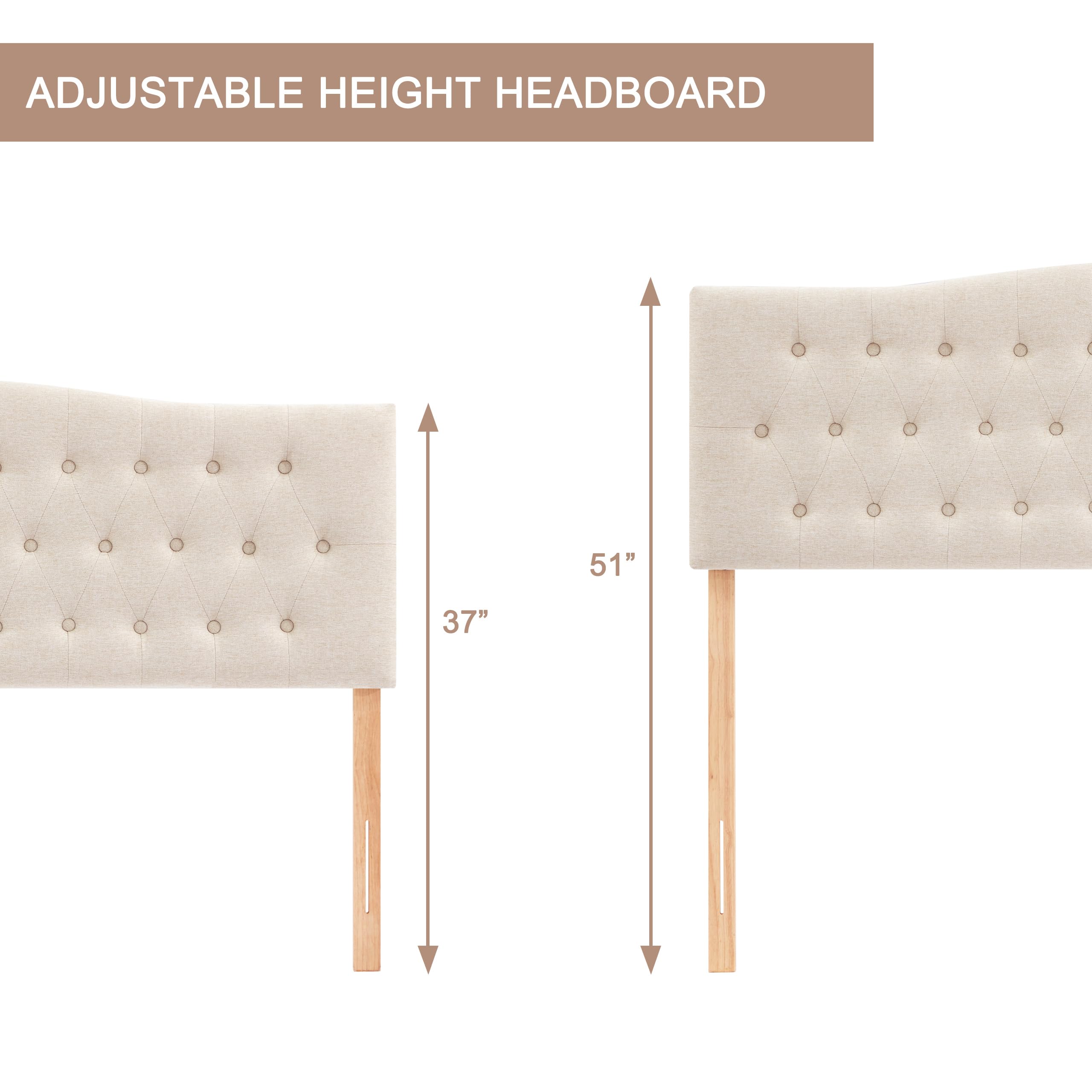 Huatean Home Tufted Upholstered Headboard Queen Size, Sturdy and Durable Solid Wood Bed headboard, Fabric Headboard Adjustable Height from 37β to 51β, Modern Button Diamond Design Head Board, Beige