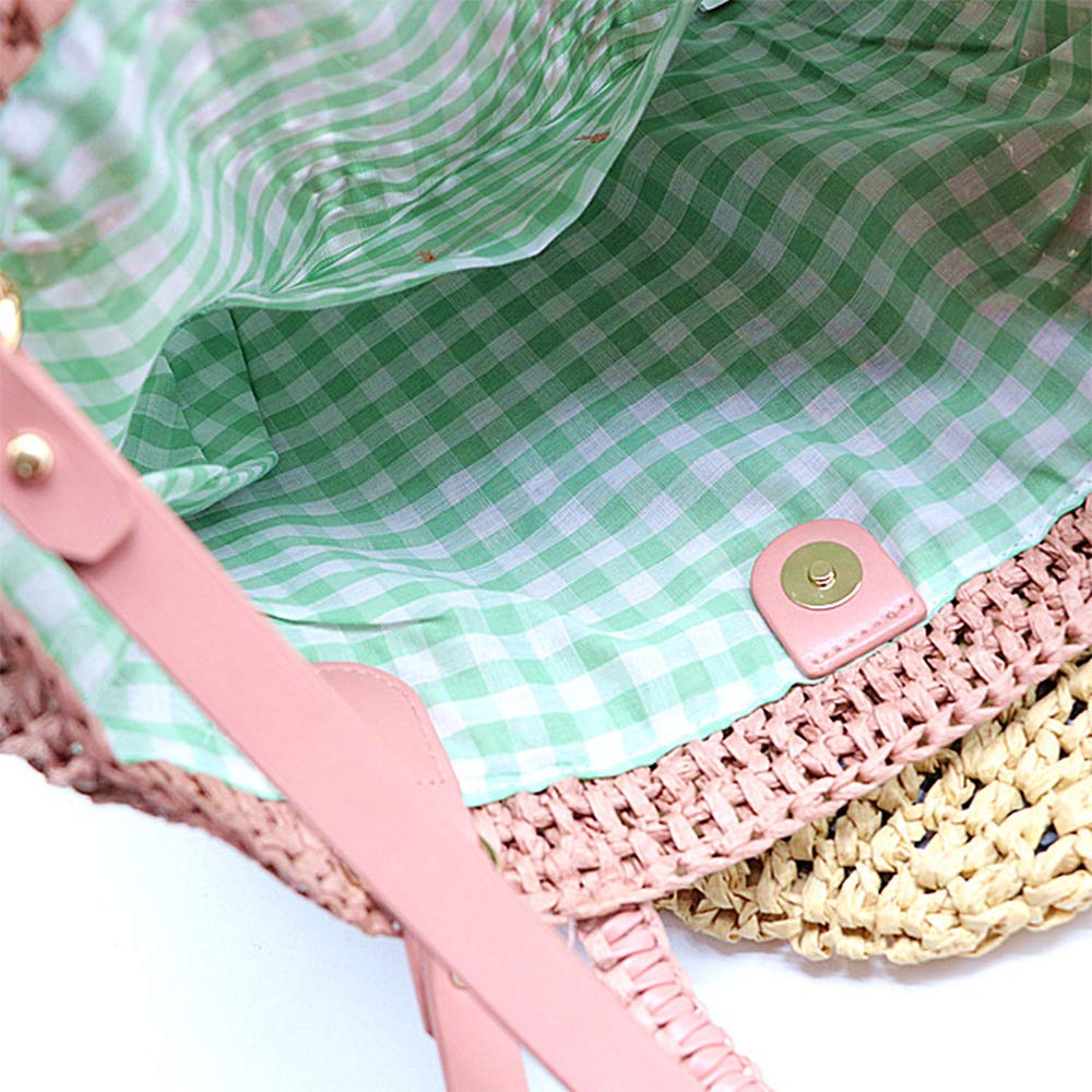 QTKJ Fashion Hand-Woven Soft Large Shoulder Bag Boho Straw Leather Handle Tote Retro Summer Travel Beach Handbag (Pink)