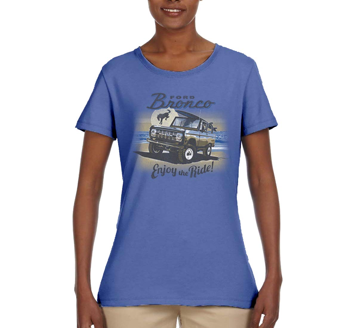 Classic Vintage Ford Bronco Enjoy The Ride Cars and Trucks Womens Graphic T-Shirt, Light Blue, Large