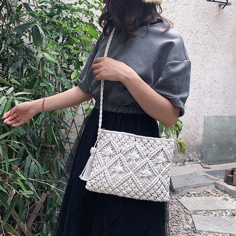 QTKJ Women's Summer Beach Straw Crochet Clutch Bag Shoulder Bag Crossbody Bag Woven Envelope Tassel Bag with Zipper (White)