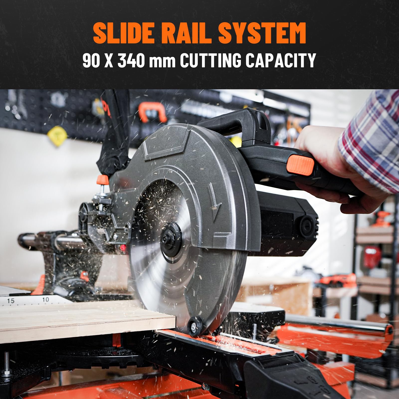 DOVAMAN 10in Sliding Miter Saw, Multi-use w/ 3 Blades, 15A Miter Saw, 4500/3200RPM, Ambidextrous Use, 0-45° Bevel Laser Cut, Max Cut 3.5x13.4in, 9 Positive Stops, for Cutting Wood, PVC or Soft Metal