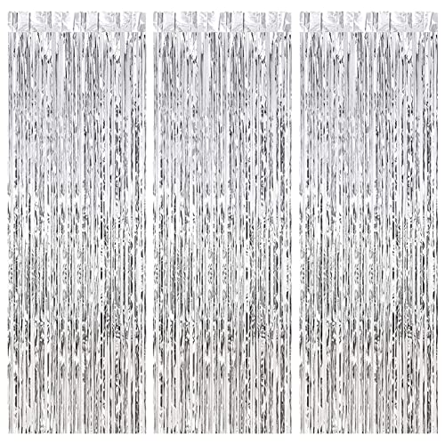 FYY (3 Pack 3.3 ft x 6.6 ft Metallic Tinsel Foil Fringe Curtains Party Decorations, Silver Birthday Backdrop Curtains for Party Wedding Holiday Engagement Bridal Shower Baby Shower Bachelorette