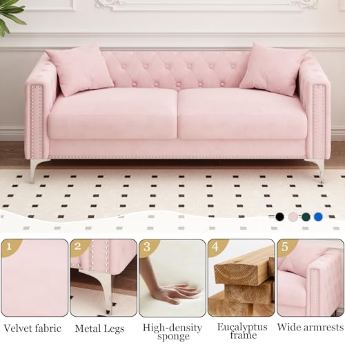 FANYE Velvet Upholstered Sofa Couch with 2 Pillows,Modern 3 Seaters Sofa Couch with Nailhead Decor and Metal Legs for Living Room