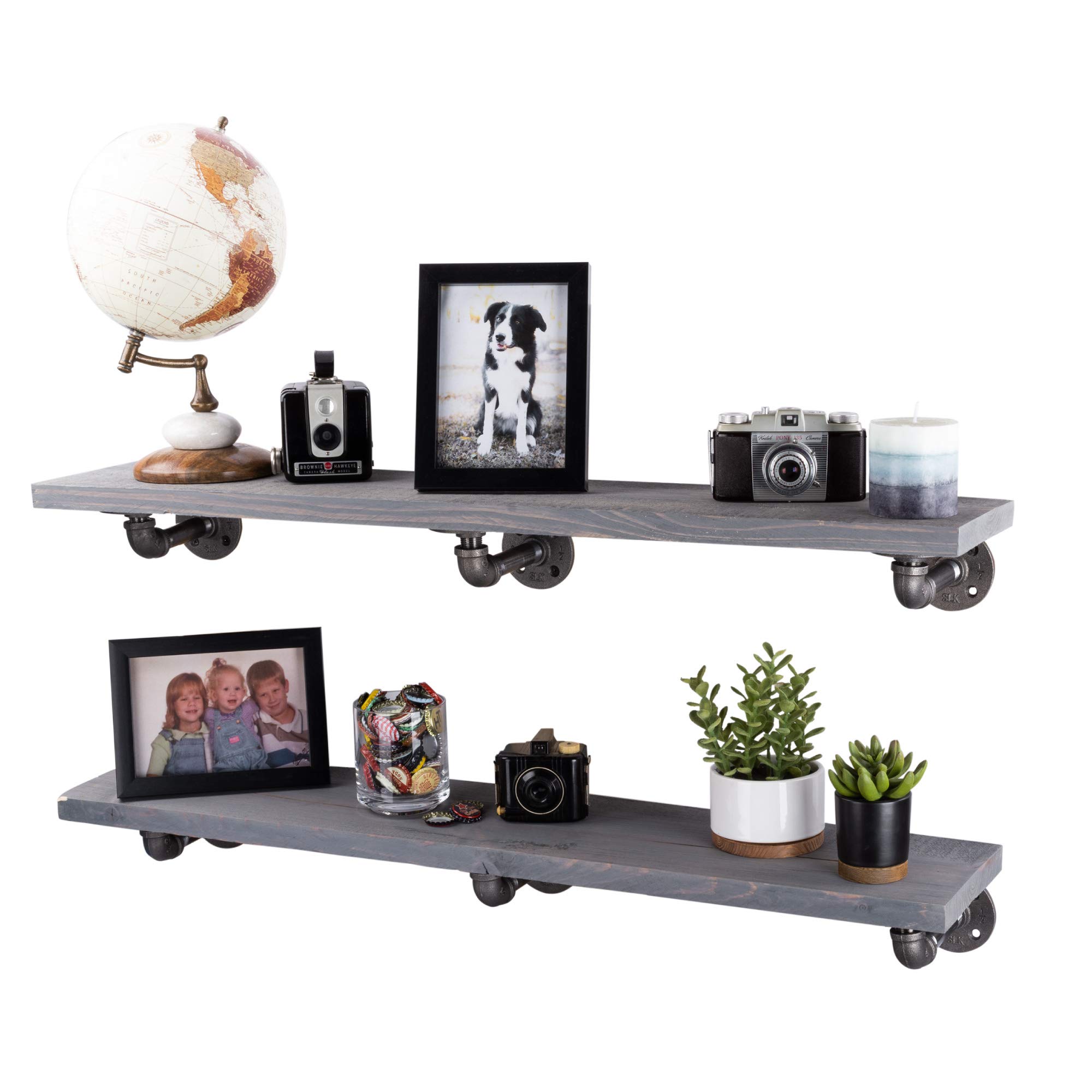 Industrial Pipe Wooden Shelves Restore by Pipe DĂCOR Premium Douglas Fir Wood Shelving 36 Inch Length Set of 2 Boards and 6 L Brackets Riverstone Grey Finish