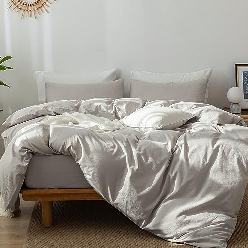 MooMee Bedding Duvet Cover Set 100% Washed Cotton Linen Like Textured Breathable Durable Soft Comfy (New Natural Linen, Queen)