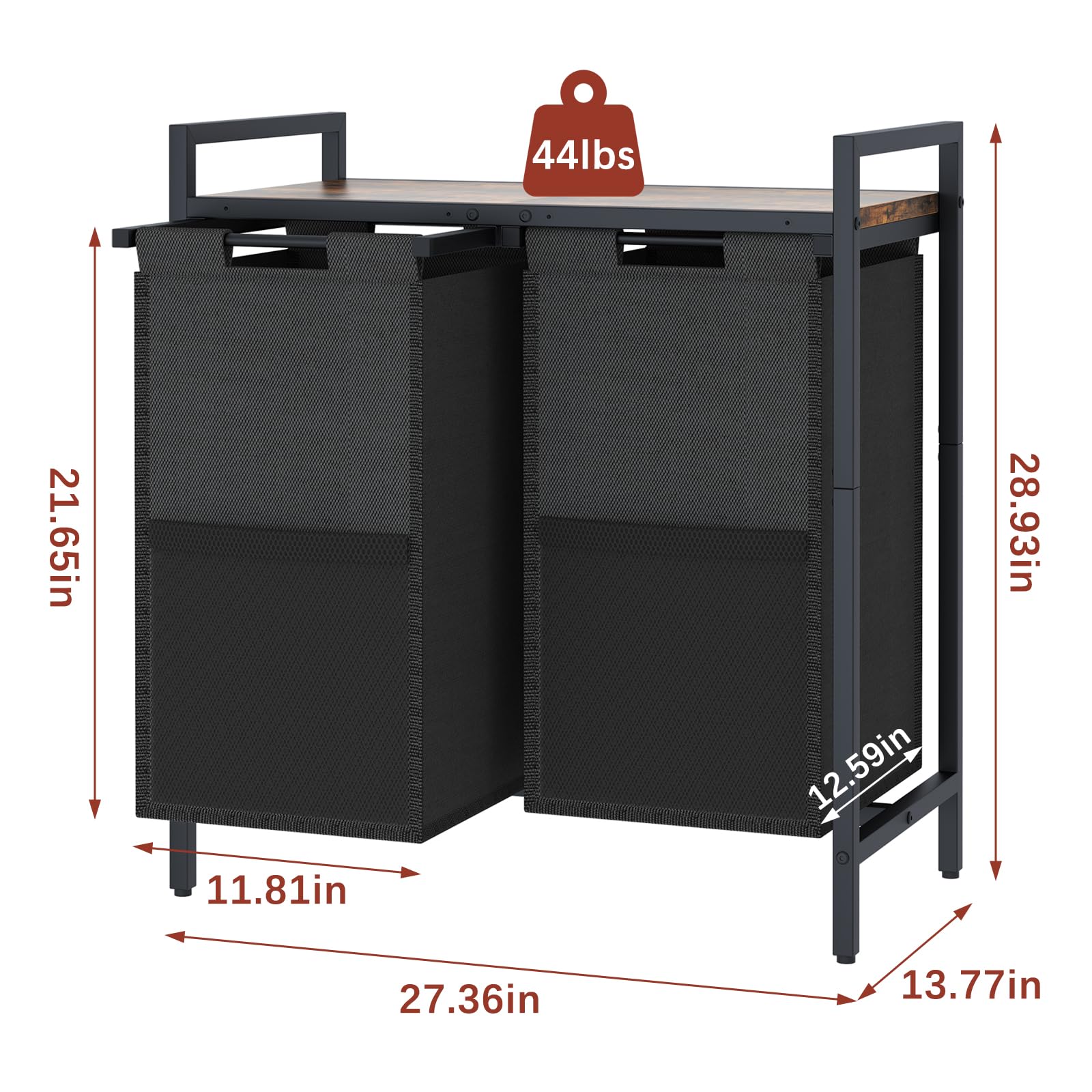 Huhote Laundry Hamper, double Laundry Basket, Laundry Sorter with Top Shelf & 2 Removable Washable Bags & Side Pockets for Laundry Room organization, Bathroom and Dorm, Rustic Brown and Black.