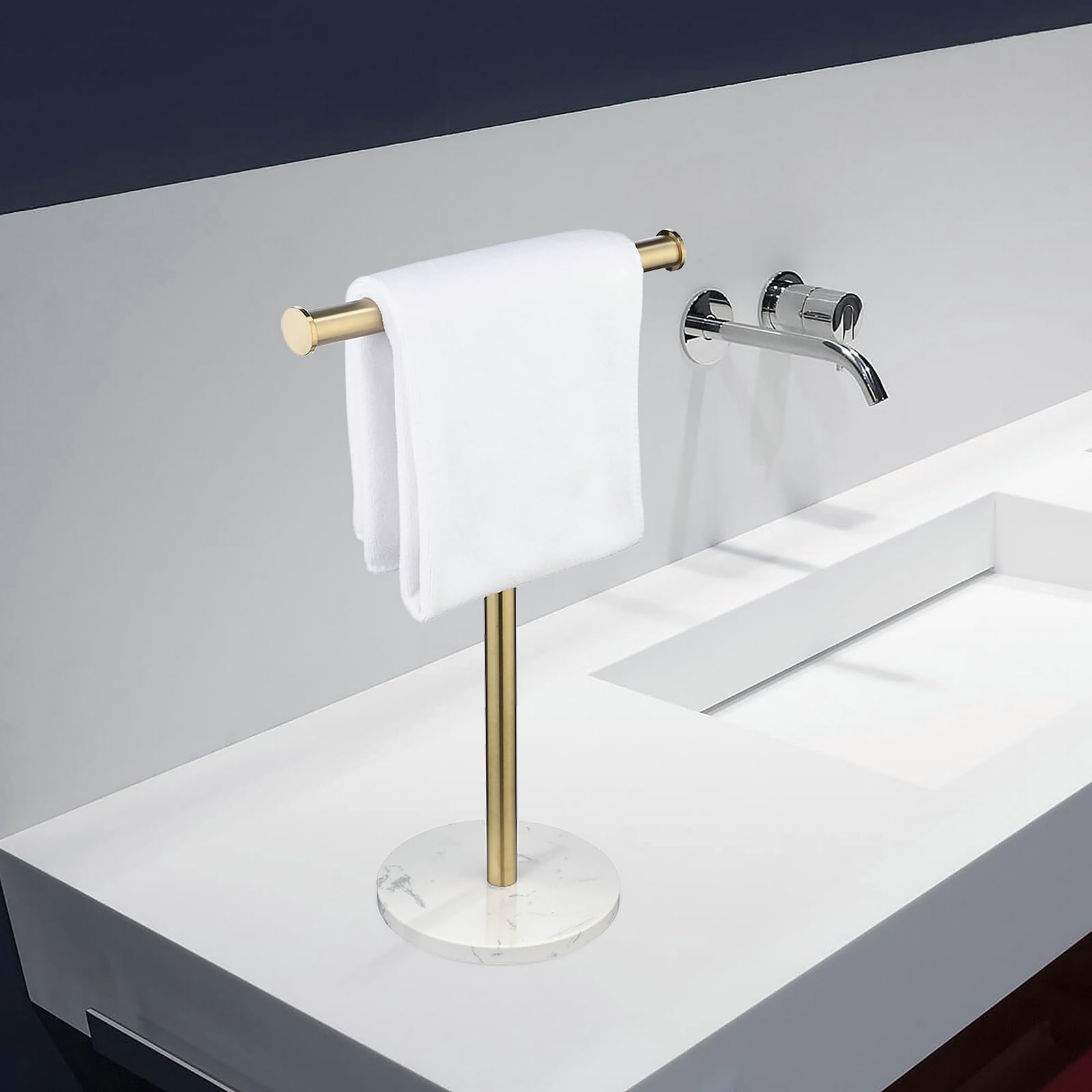 Hand Towel Holder Stand with Marble Base, Single T-Shape Brushed Gold Towel Rack, Hand Towel Stand for Bathroom Countertop,Gold Freestanding Towel Rack