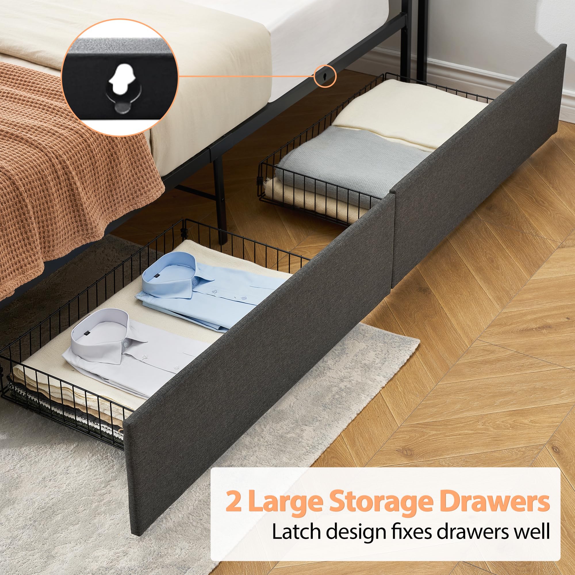 GAOMON King Size Bed Frame with Storage Headboard and 2 Drawers, Linen Upholstered Platform Bed Frame with Charging Station, Heavy Duty, No Box Spring Needed, Easy Assembly, Noise Free, Grey&Brown