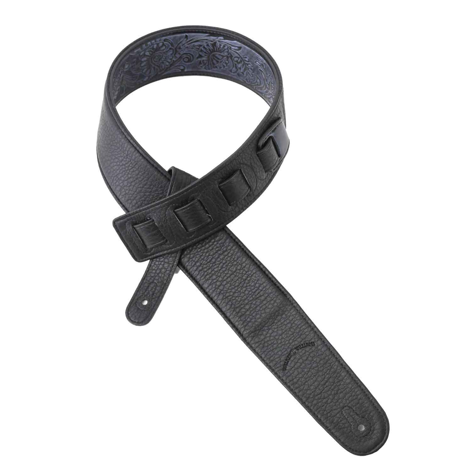 Walker & Williams DLX-282 Handmade Brushed Black Padded Guitar Strap with Embossed Tooling For Acoustic, Electric, And Bass Guitars
