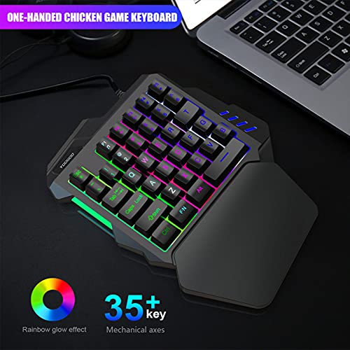 CHUYI One-Handed Ergonomic Gaming Keyboard RGB LED Backlit 35 Keys Portable Mini Professional Single Hand Wired Keypad for Game with Palm Rest (Black)