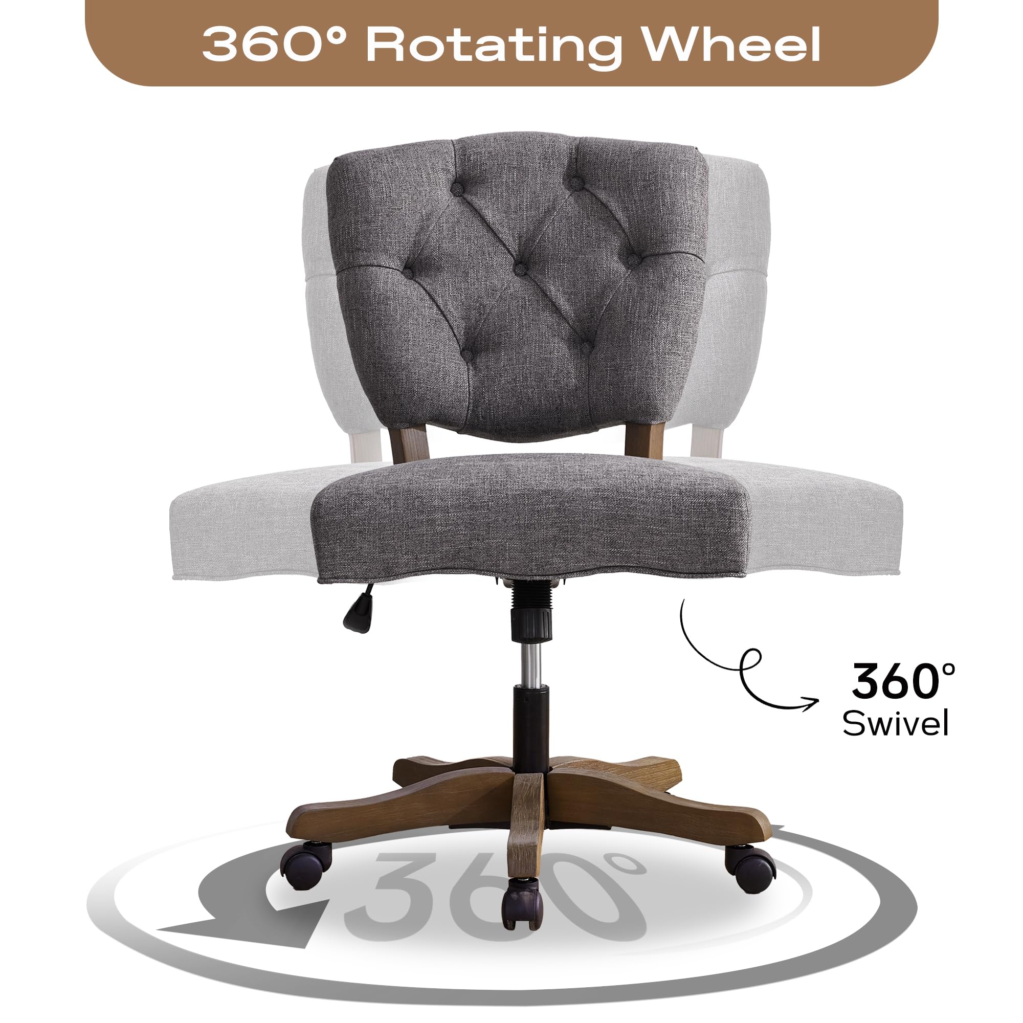 HUIMO Upholstered Swivel Desk Chair Chenille Tufted Fabric Home Office Chair with Wheels Adjustable Height Classic Task Chair with Wooden Legs Comfortable Armless Chair for Studio Study (Grey)