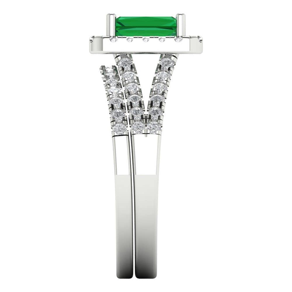 Clara Pucci 1.7 ct Emerald Cut Halo Solitaire Simulated Emerald Designer Art Deco Statement Wedding Ring Band Set 18K White Gold 8