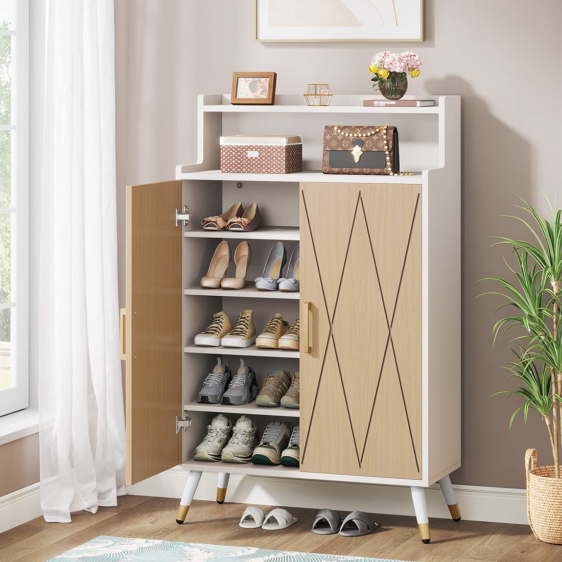 LITTLE TREE Shoe Cabinet, White&Walnut