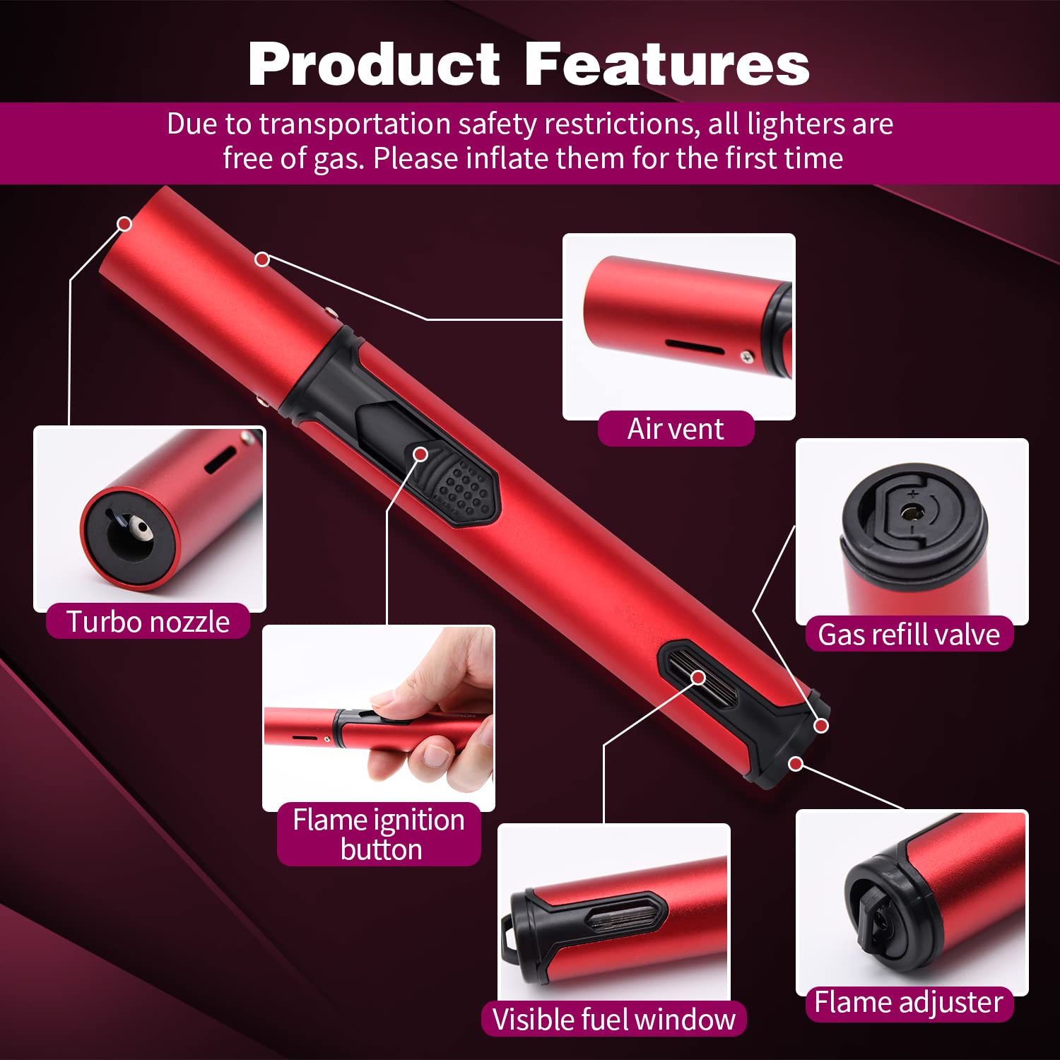 Butane Torch Lighter, 5 Pack/ 10 Pack 6in Refillable Torch Lighter, Windproof Butane Lighter, Adjustable Jet Flame Pen Torch, Pen Lighter for Grill Stove BBQ Candlek Camping(5pcs, Gas Not Included)