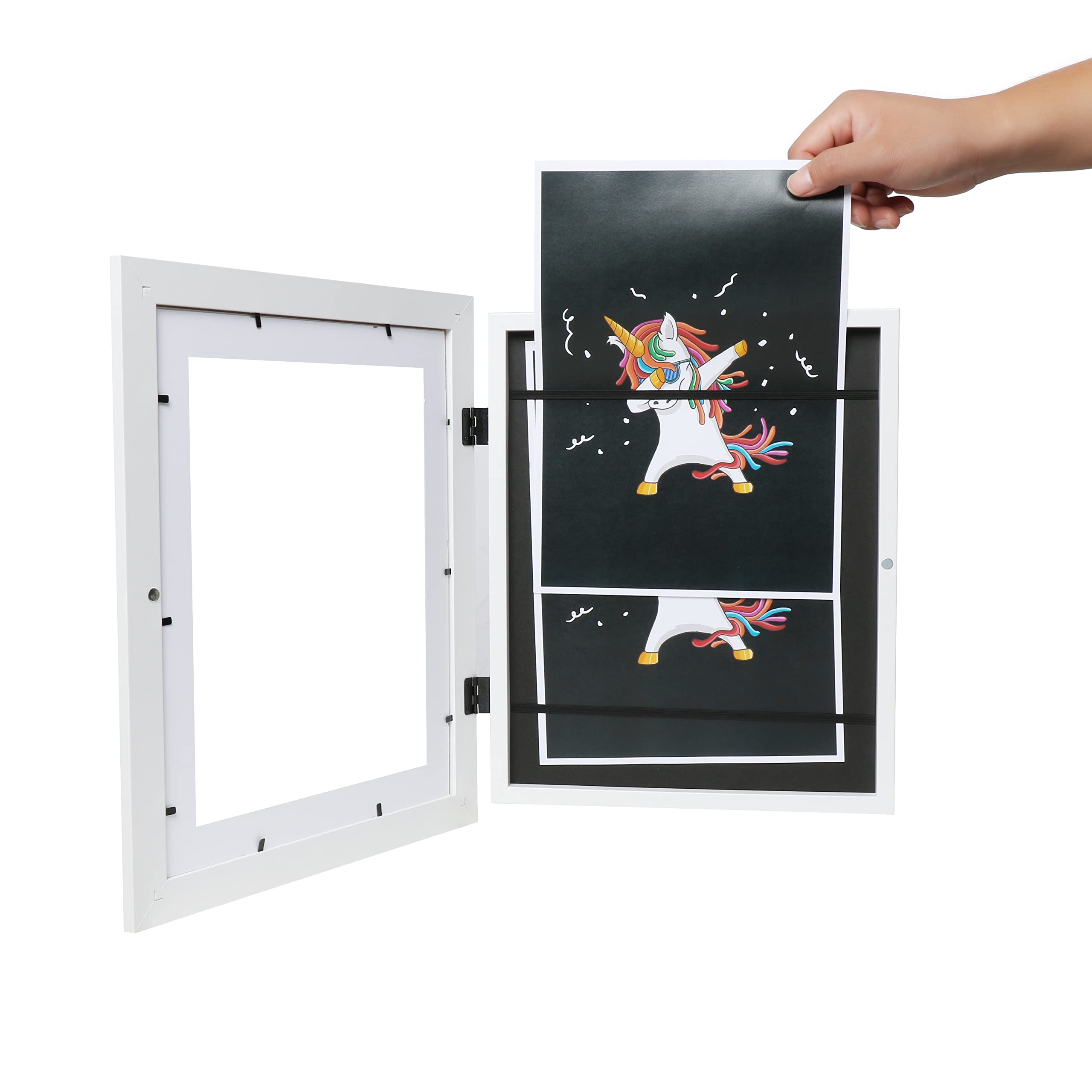 FrameWorks 10β x 12.5β White Wooden Kid Art Frame with Gallery Style Edges, Tempered Glass, and Elastic Straps