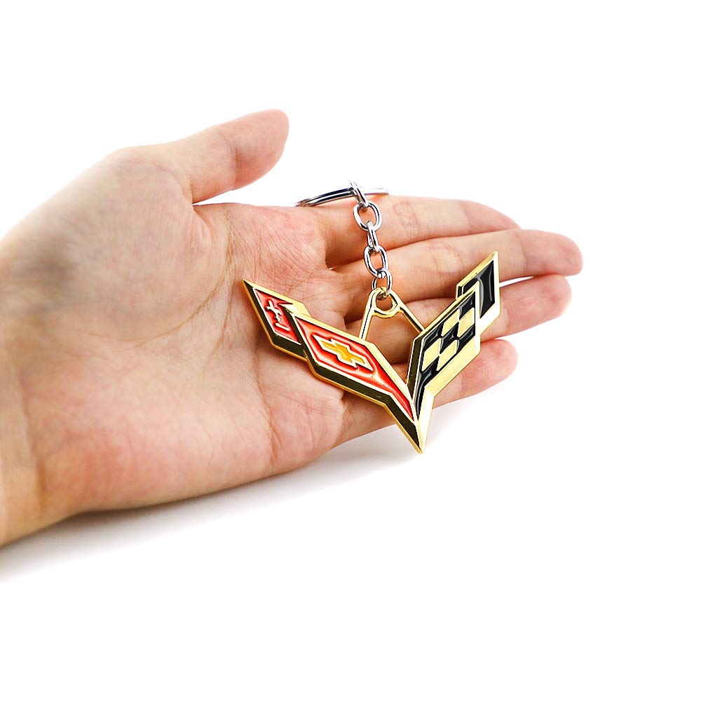 Car Keychain for Corvette Emblem Corvette Racing Flags Key Chain Keyring gif (Golden)