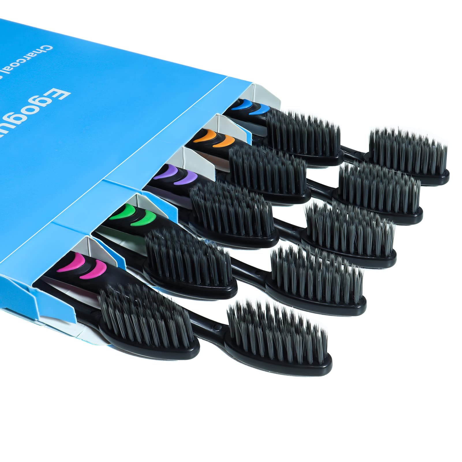 Egoguys Travel Toothbrush Activated Charcoal Bristle Adsorption Plaque Bacteria Keep Breath Fresh Slim Soft Bristles Deep Clean Tooth Prevent Bleeding Gums Teeth Whitening Brush (10 Pack in 5 Colors)