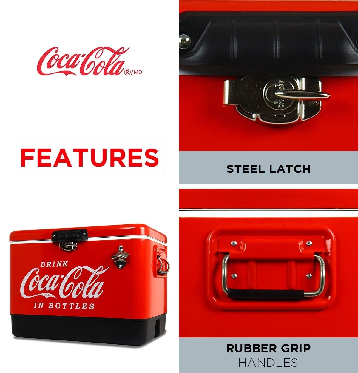 Coca-Cola Ice Chest Beverage Cooler with Bottle Opener, 51L (54 qt), 85 Can Capacity Portable Cooler, Red and Black, for Camping, Beach, RV, BBQs, Tailgating, Fishing