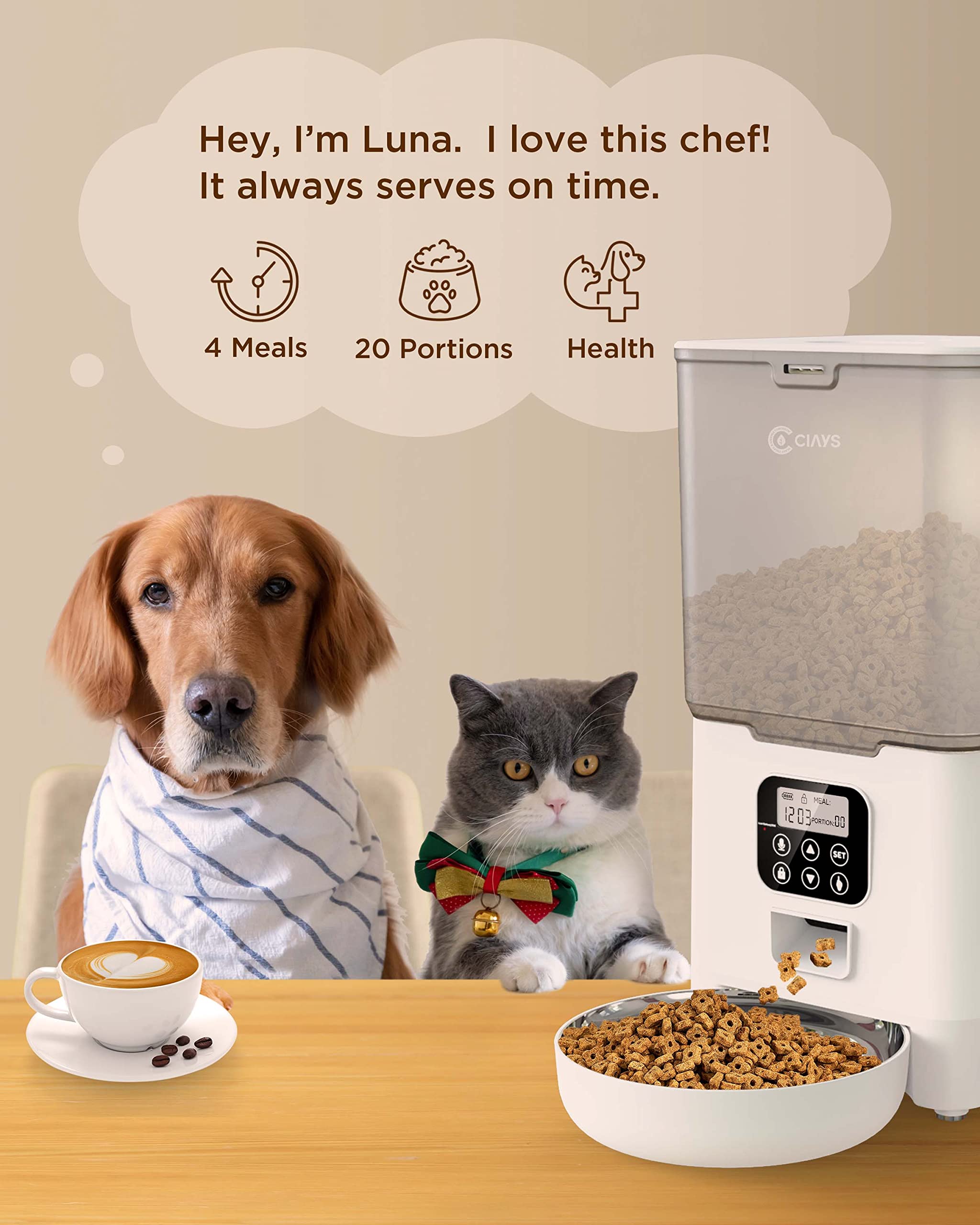 Ciays Automatic Cat Feeder, 5.6L, Control 4 Meals Per Day, Pet Dry Food Dispenser, Dual Power Supply & Voice Recorder, White