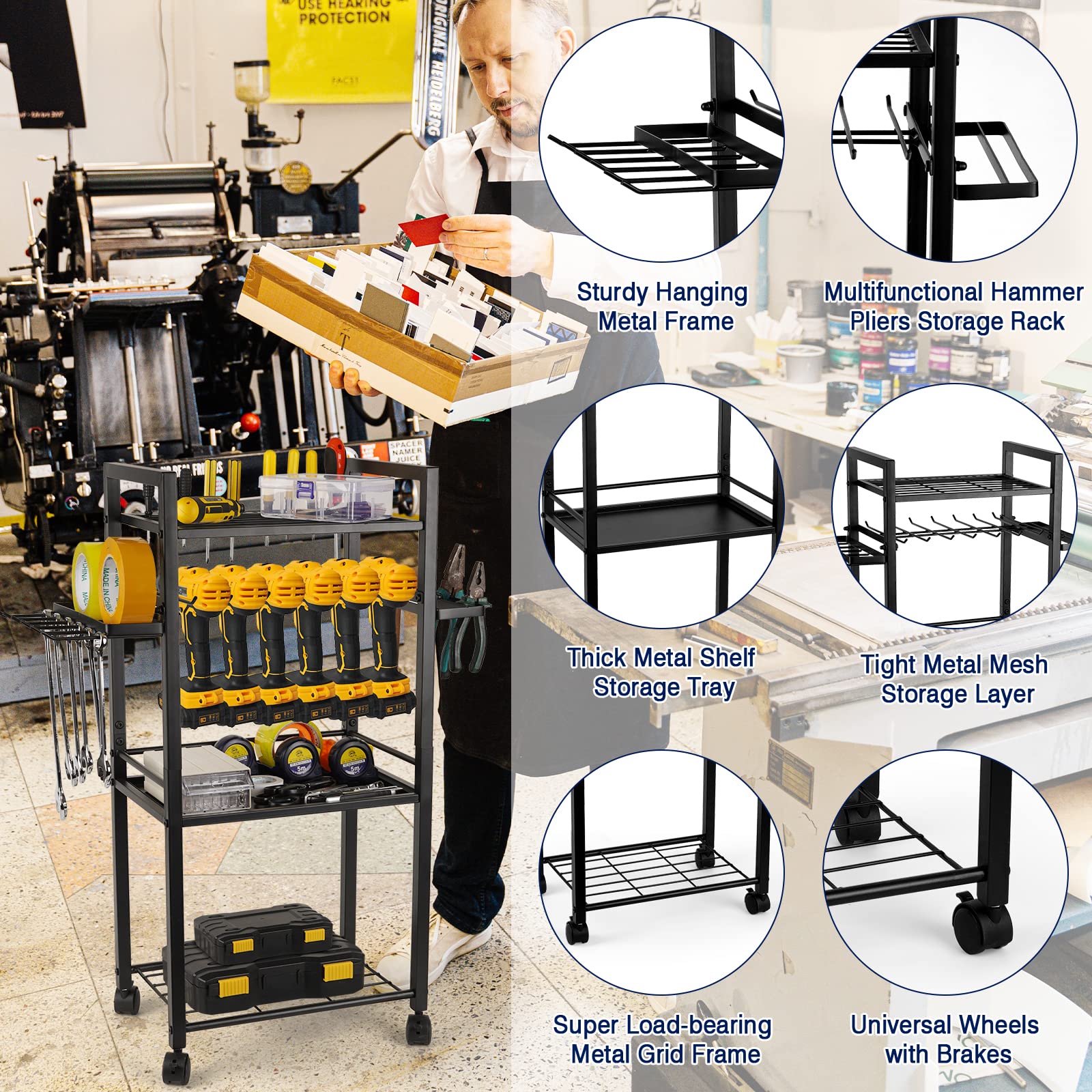 Jolensoy Tool Storage Organizer Garage Storage Organization Heavy Duty Metal Drill Holder with Wheels Rolling Tool Cart Gifts for Men Dad