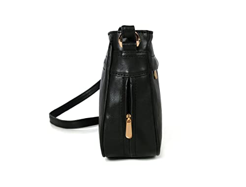 Double Zip Small Crossbody Bag Leather Shoulder Bag for Women Medium Lightweight Purse Top Zipper Multiple Pocket (Raven)