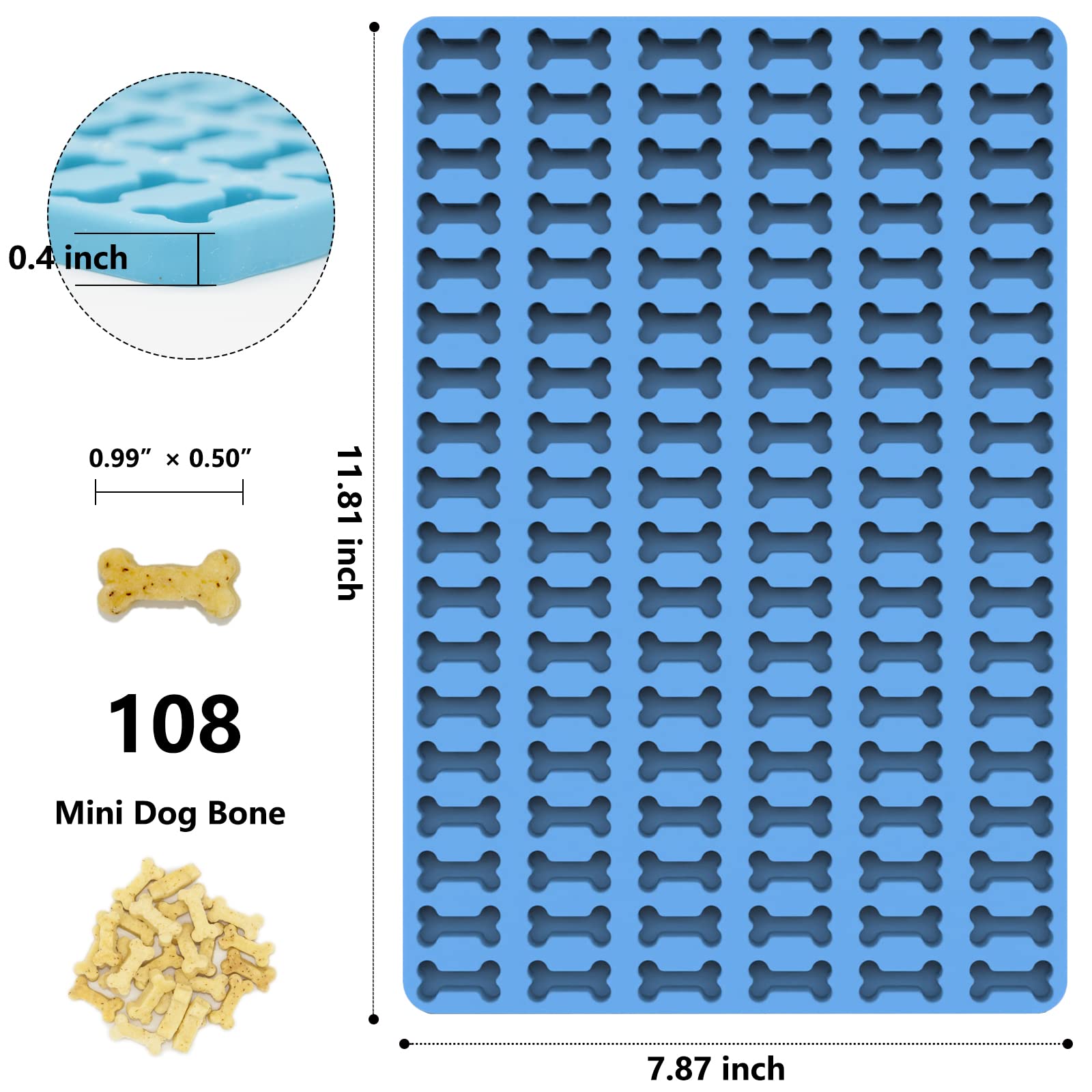 Dog Treats Molds, 108 Dog Bone Shaped Silicone Mold Food-Grade Dog Snacks Maker for Baking and Freezing Candy Chocolate Biscuits for Small/Medium/Large Dogs with Baking Spatula