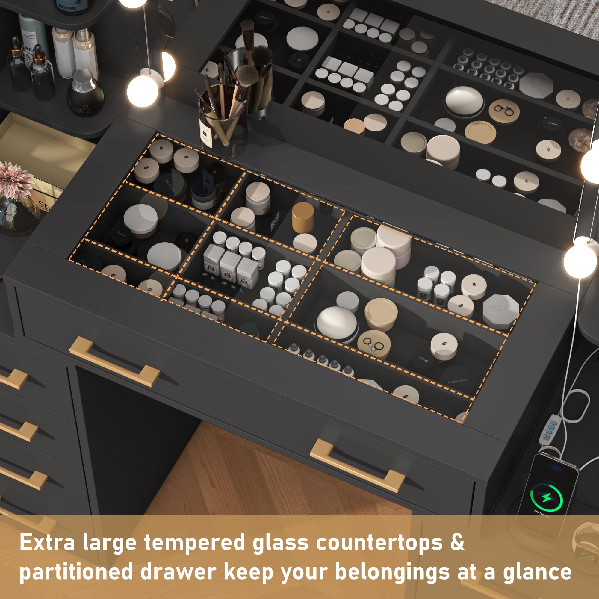 jiteentarou Glass Top Vanity Desk with Mirror and Lights, Large Vanity Makeup Mirror Desk with Charging Station Compartment Storage Drawers, Modern Makeup Vanity with 9 Drawers 6 Shelves, Black