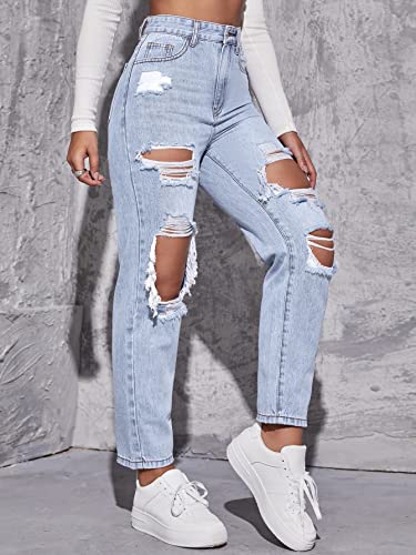 MakeMeChic Women's Ripped Mom Jeans High Waisted Distressed Denim Pants Light Wash M