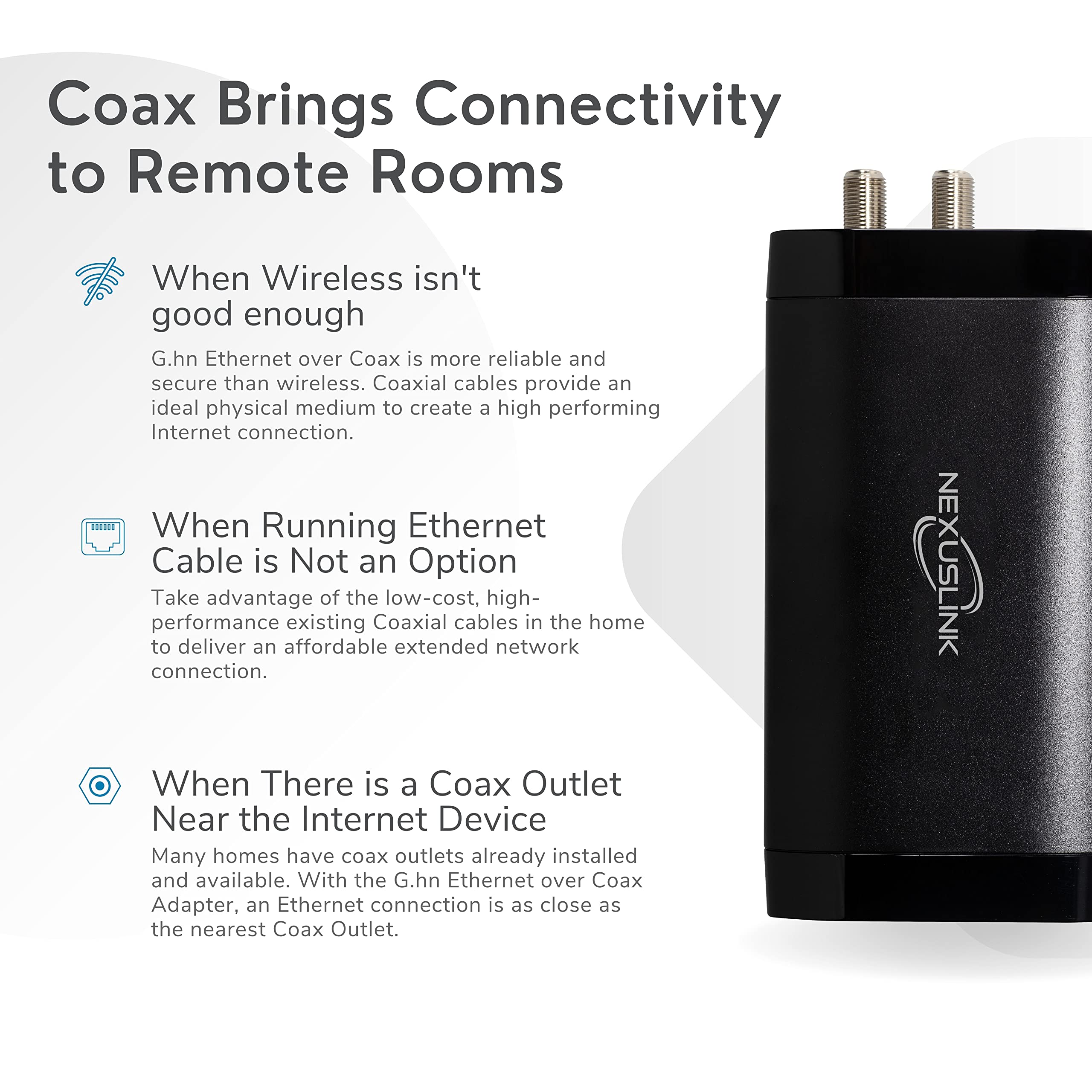 Nexuslink G.hn Ethernet Over Coax Adapter | 2000 Mbps, Fast and Secure Network Performance, Online Gaming and Streaming in Hard-to-Reach Locations, 2 Units (GCA-2000-KIT)