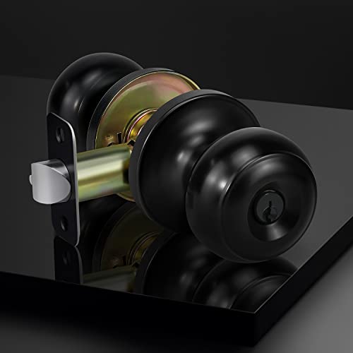 LOQRON Keyed Entry Door Knob for Entrance, Front Doorknob with Lock and Key for Exterior & Interior Right and Left Side Bedroom, Living Room, Matte Black,1 Pack